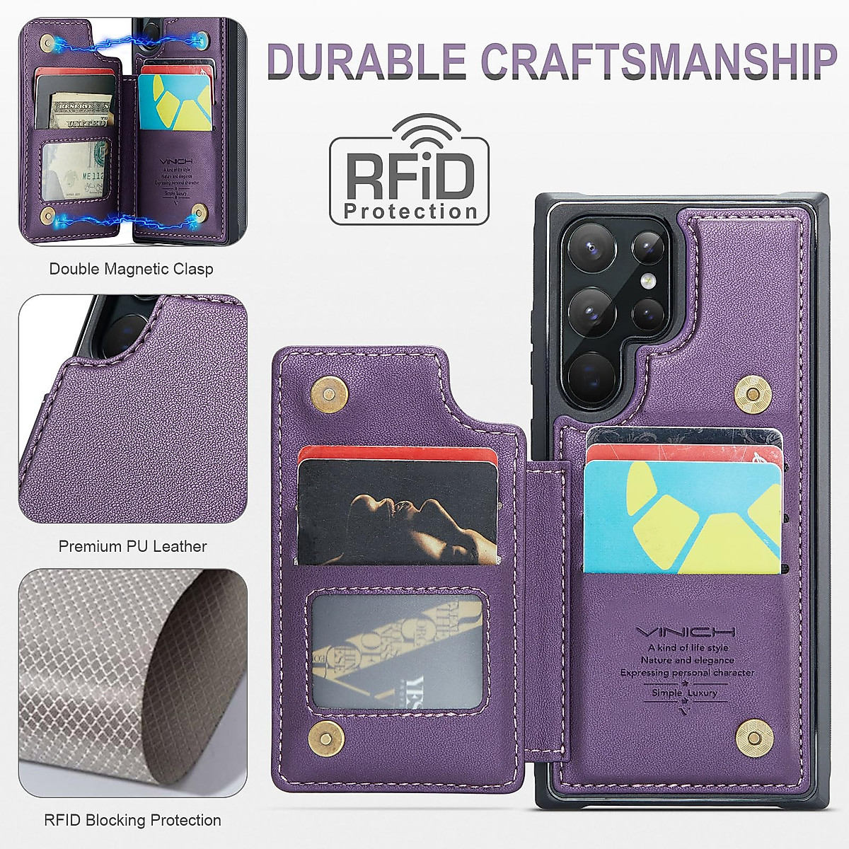 Vinich for Samsung Galaxy S22 Ultra Wallet Case with Card Holder, RFID Blocking Credit Slots Kickstand Shockproof Phone Cover for Women Men, Purple