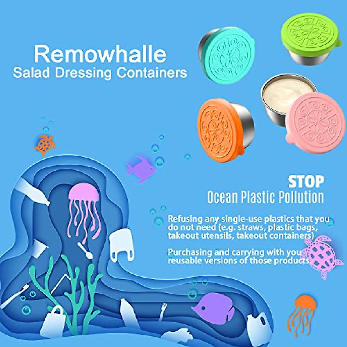 Sauce Container with Lid, Salad Dressing Container To Go, 4x1.7oz Mini Reusable Sauce Containers for Bento Lunch Box, Stainless Steel Condiment Cups with Easy Open Lid, Small Dipping Sauce Cups Set