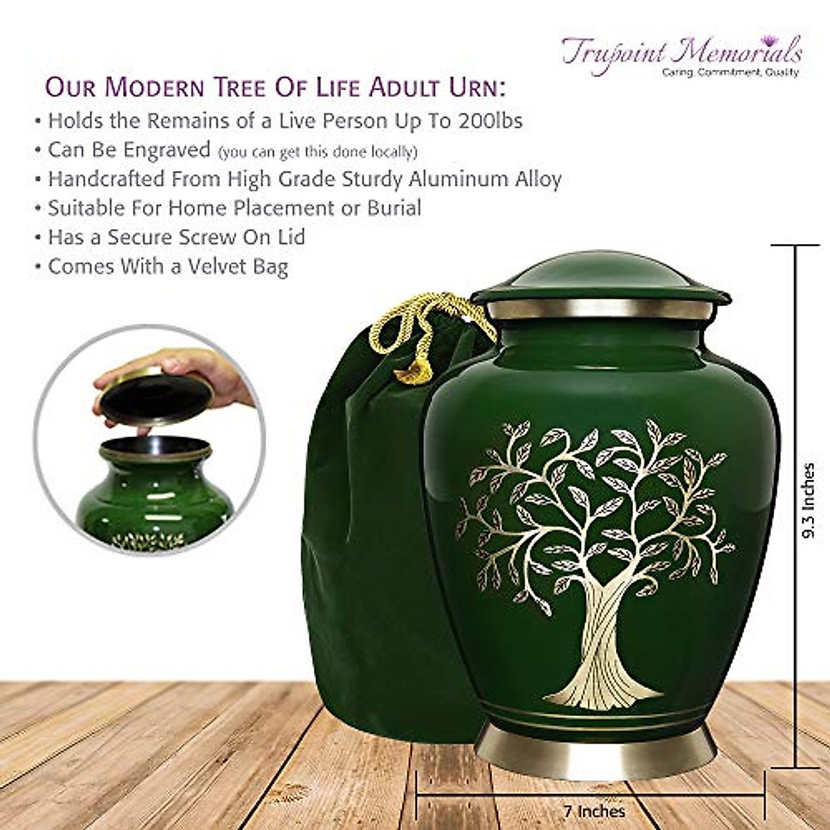 Trupoint Memorials Cremation Urns for Human Ashes - Decorative Urns, Urns for Human Ashes Female & Male, Urns for Ashes Adult Female, Funeral Urns - Dark Green, Large