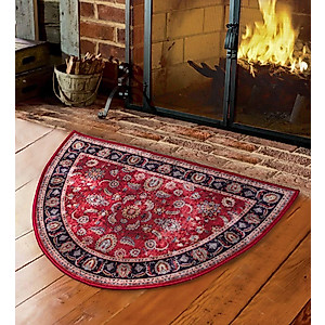 Cozy Floor Mats Hearth Rug, Low Profile, 26"x 39" Fireplace Red, Half Circle, Fire Resistant Mat, Classic Design, Floral, Half Moon Shape, Non Slip Kitchen Rug, Cabin Cottage Lodge, 2'2"x 3'3"