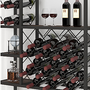 Launica Rustic Wine Rack Freestanding Floor, Industrial Modern Wine Bakers Rack, Farmhouse Wood and Metal Wine Bar Cabinet with Wine Storage and Glass Holder for Home Kitchen Dining Room, Rustic Oak