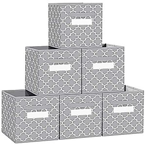 FabTotes Storage Bins 6 Pack Collapsible Storage Cubes, 11"x10.5"x10.5" Large Toy Book Organizer Boxes with Handles and Label Card & Label Holder, Baskets for Organizing Closet Shelves (Light Grey)