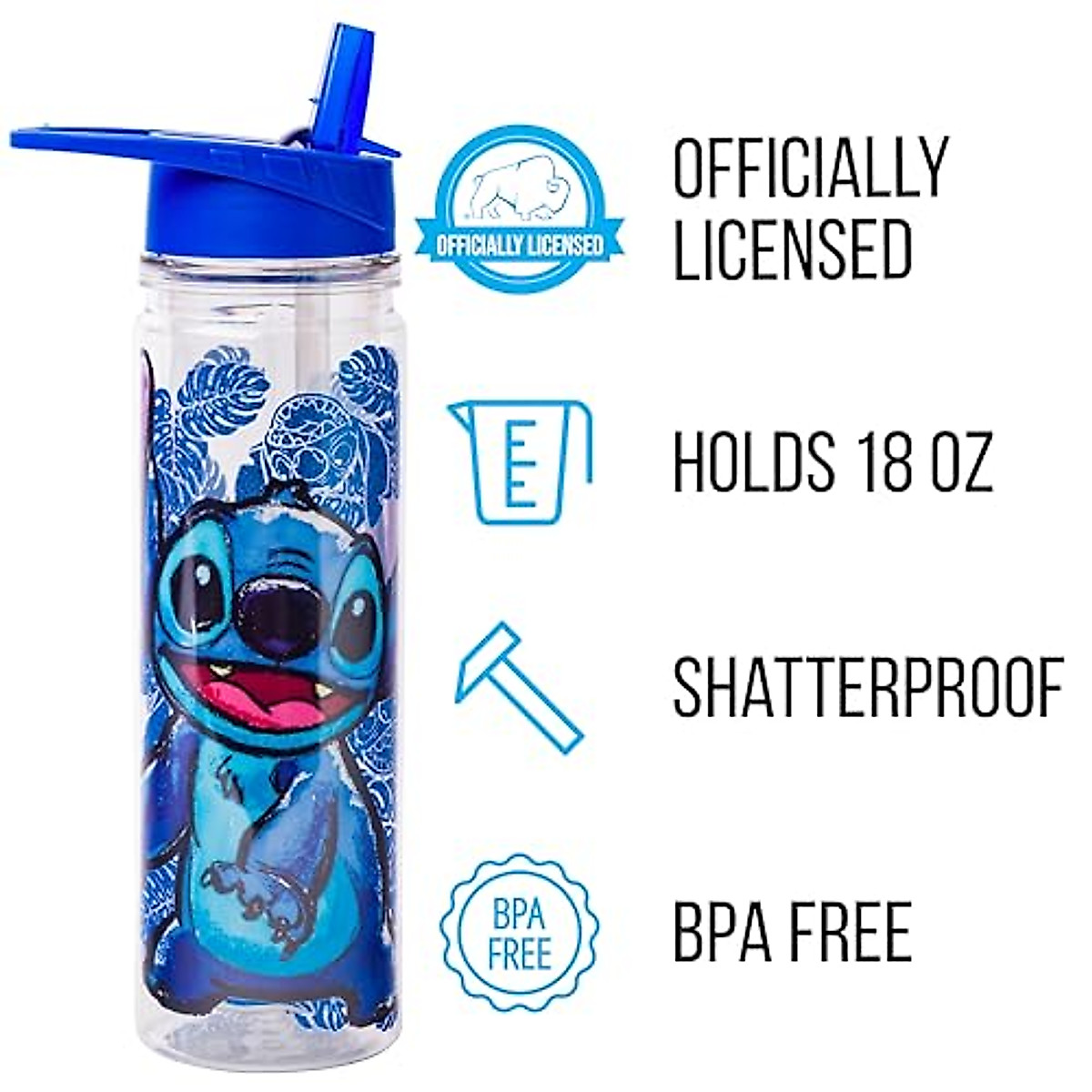 Silver Buffalo Lilo and Stitch Floral Sketch Glitter Double Walled Tritan Water Bottle, 18-Ounce