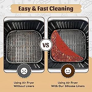 Reusable Silicone Air Fryer Liners by Linda’s Essentials (3 Pack) - Non Stick Easy Clean Air Fryer Liners Reusable Mats Air Fryer Accessories Includes Cheat Sheet And Recipe Book (Square (8.5 Inches))