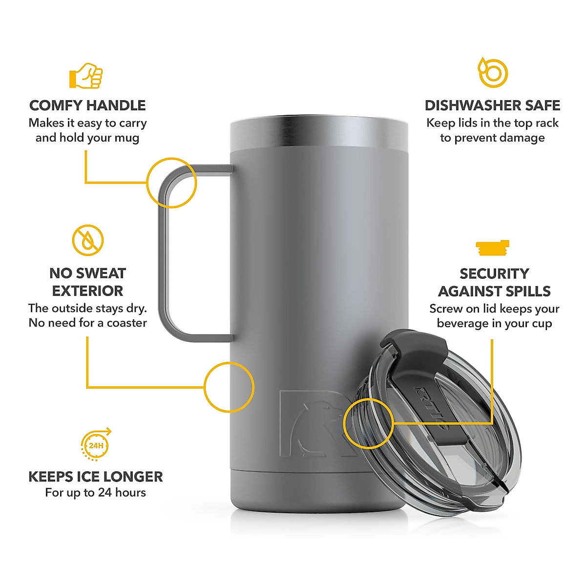 RTIC Travel Mug with Handle, 16 oz, Graphite, Portable Thermal Camping Cup, Vacuum-Insulated with Lid, Stainless Steel, Sweat Proof, Keeps Hot & Cold Longer