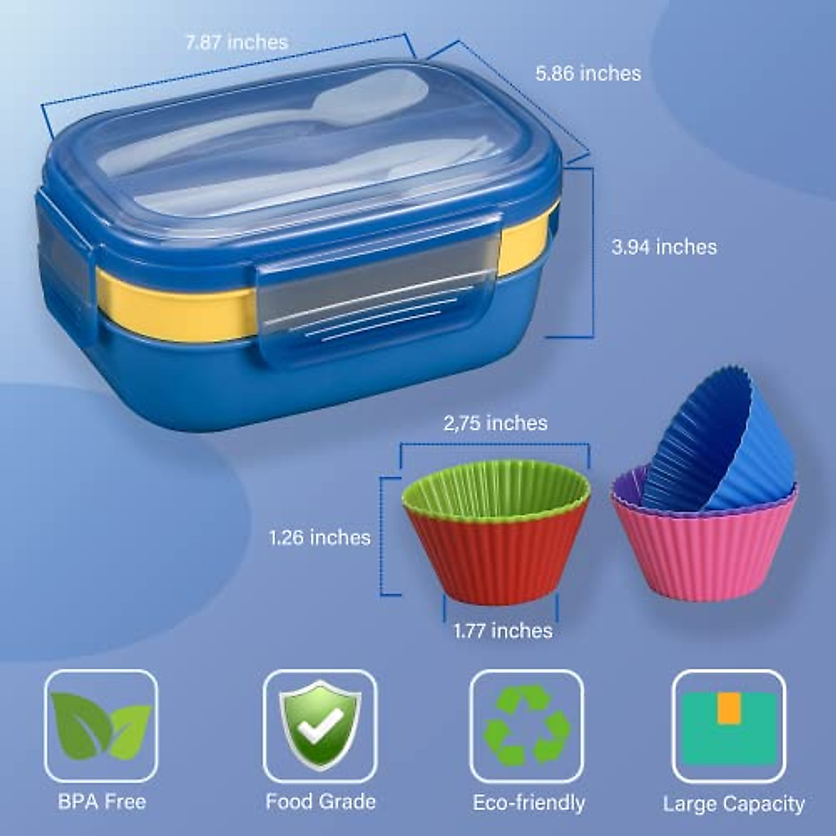CocoMeiwei Bento Box Adult Lunch Box, Bento Lunch Box with 5 Silicone Cupcake Liners, Leak-proof Bento Lunch Box Containers 3 Tiers 50oz, 6compartments Large Capacity for Working Blue