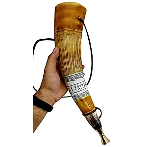 Viking War Horn Genuine Ox-Horn Battle Trumpet - Premium Hand Engraved Horn Viking Norse Cattle Ancient Horn Bugle Hunting Tool BATTLE HORN BLOWING HORN VIKING BUGLE HORN & Brass With Wooden Stand 16"