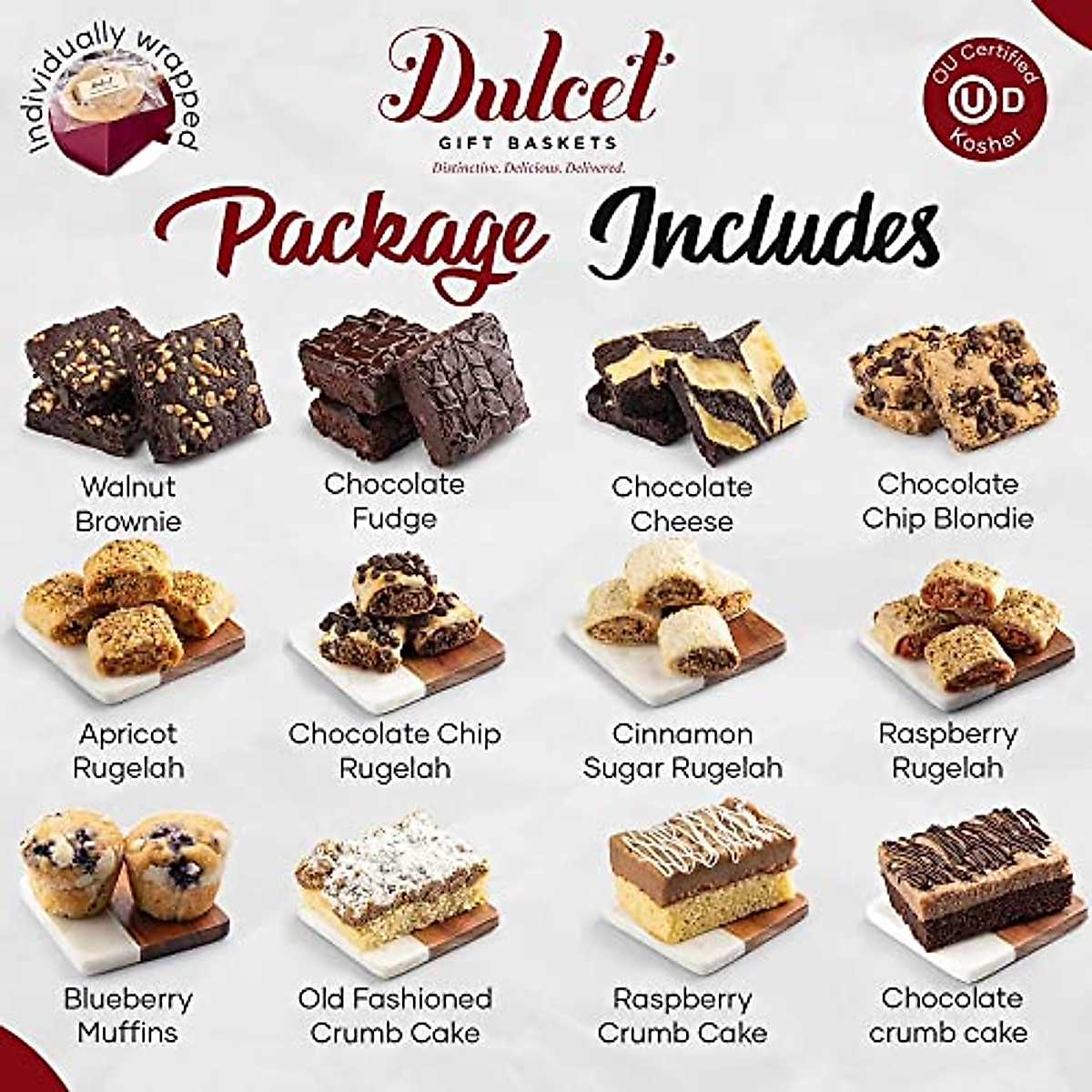 Dulcet Gift Basket Deluxe Gourmet Food Gift Basket, Cakes for Delivery for Families Men and Women: Includes Assorted Brownies, Crumb Cakes Rugelah, and Muffins. Great gift idea!
