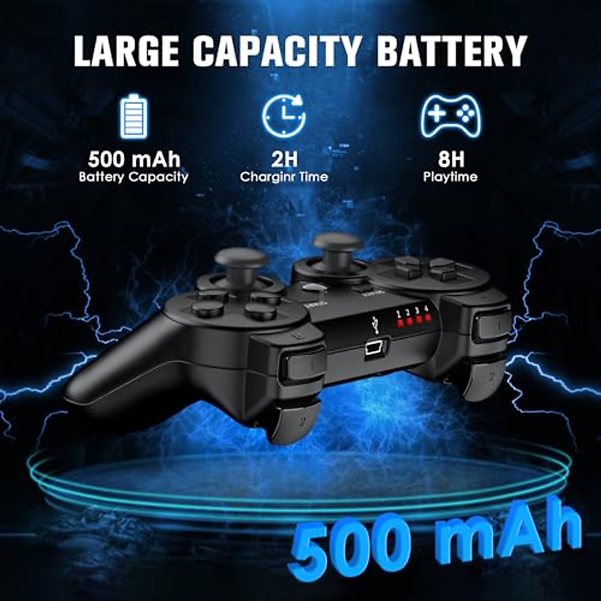 ewnol Wireless Controller for PS3, 2 Pack Play-station 3 Controller with Double Shock, Motion Control, 2 Charging Cables - Black