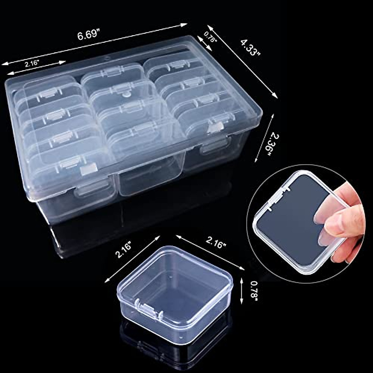 12Pcs Bead Organizer with Lid Small Transparent Plastic Craft Organizer Screw Organizer Bead Storage Small Plastic Containers with Lid for Jewelry Diamond Art, 1Pc Organizer Box with Hinged Lid