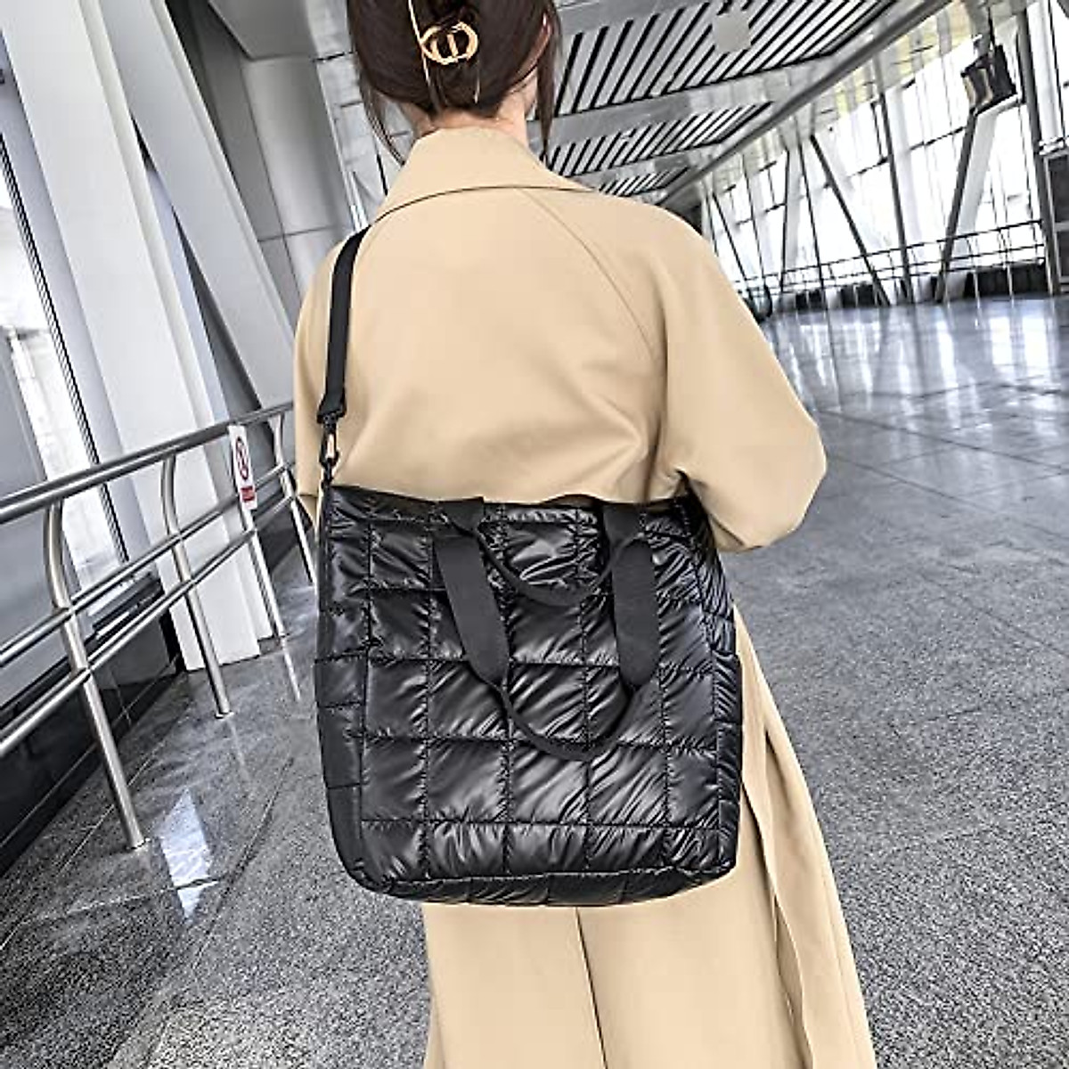 Large Quilted Tote Bag with Zip for Women Lightweight Winter Down Cotton Padded Plaid Shoulder Bags Quilted Bags Down Padding Handbags