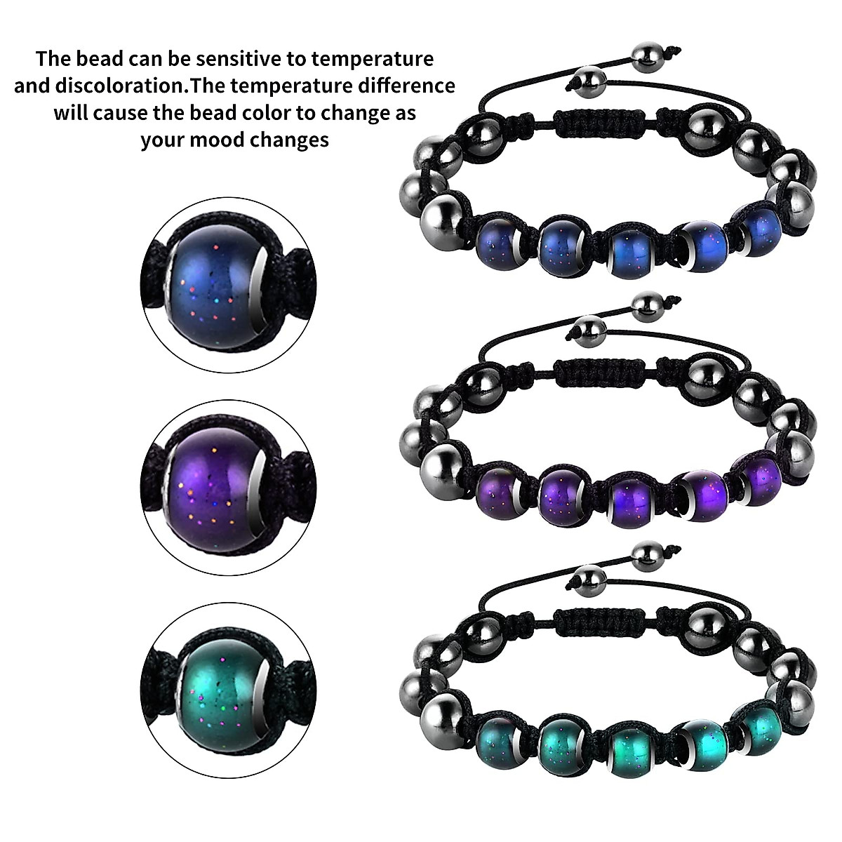Yolev 2 Pieces Adjustable Mood Bracelet Dazzling Shimmer Color Changing Beads Yoga Beads Bracelet for Men Women