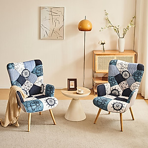 Fahomiss Accent Chair, Living Room Chair, Modern High Back Armchair, Colorful Patchwork Reading Chairs for Bedroom, Lounge Chair with Linen Fabric Shell and Solid Wood Feets (1, Blue)