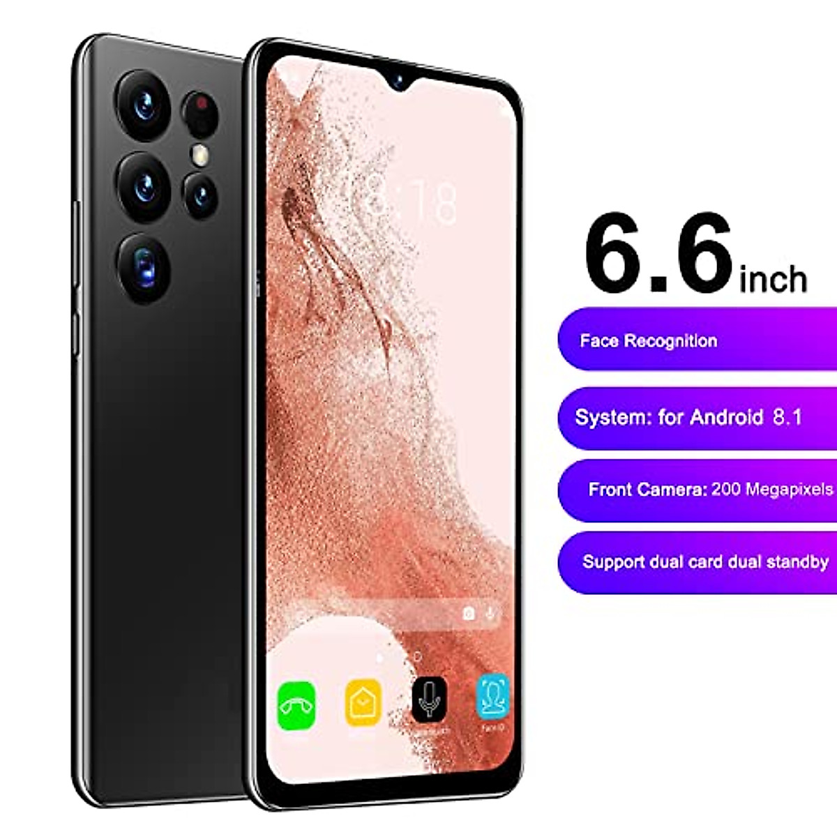 Zopsc 6.6inch Unlocked Smartphone Cellphone for Android 8.1, 480 * 1014 Pixels S22 Ultra HD Screen 2GB 16GB Dual Card Dual Standby Smartphone Black 110-240V(Black)