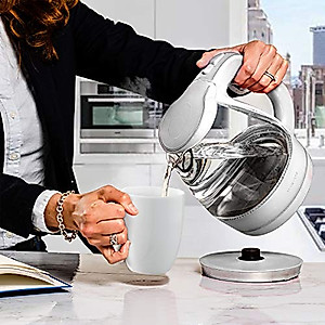Ovente Portable Electric Glass Kettle 1.5 Liter with Blue LED Light and Stainless Steel Base, Fast Heating Countertop Tea Maker Hot Water Boiler with Auto Shut-Off & Boil Dry Protection (White)