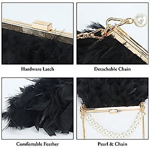 GOKTOW Black Feather Clutches Purses for Women Bag，Pearl Fluffy Evening Handbags for Wedding Anniversary Party,Black