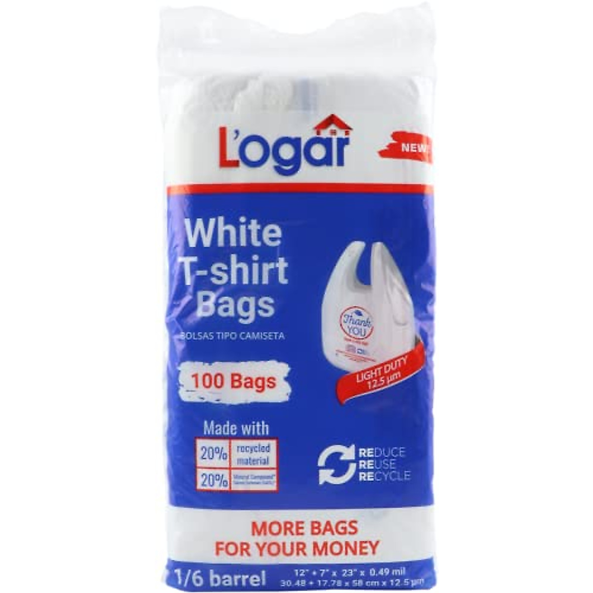 Logar white T-shirt bag 12 + 7 x 23 inches. 5 Packages of 100 bags each. Total: 500 bags
