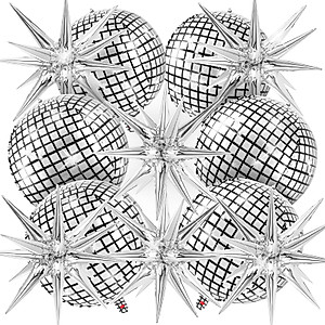 Disco Ball Balloons with Star Balloons, 22 Inch Metallic Disco Silver Foil Balloons for Disco Party Decor Birthday Bachelorette New Year Christmas Party Decorations