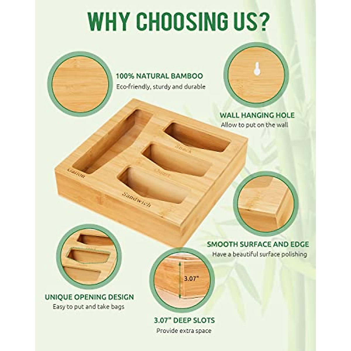 Ziplock Bag Storage Organizer for Kitchen Drawer, 4-in 1 Bamboo Food Baggie Holder, Compatible with Ziploc, Solimo, Glad, Hefty for Gallon, Quart, Sandwich, Snack & Freezer Gallon Variety Size Bag