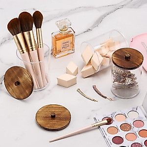 Tbestmax 6 Pack Qtip Holder - Clear Cotton Ball Cotton Swab Holder for Restroom Bathroom Organizers and Storage Containers, Plastic Apothecary Jars with Wood Lids