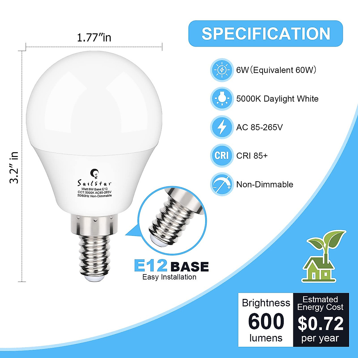 Sailstar Candelabra LED Light Bulbs 60-Watt Equivalent, Daylight White 5000K, E12 Candelabra Base, 6 Watt A15 LED Bulbs for Ceiling Fan, Vanity Mirror Light | 6-Pack