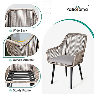 Patiorama Outdoor Dining Chairs, Patio Dining Chair Set of 2, All-Weather Woven Rope Rattan Wicker Chairs, Patio Club Chairs, Outside Chair Seating with Arms and Cushions for Lawn Backyard Pool(Tan)
