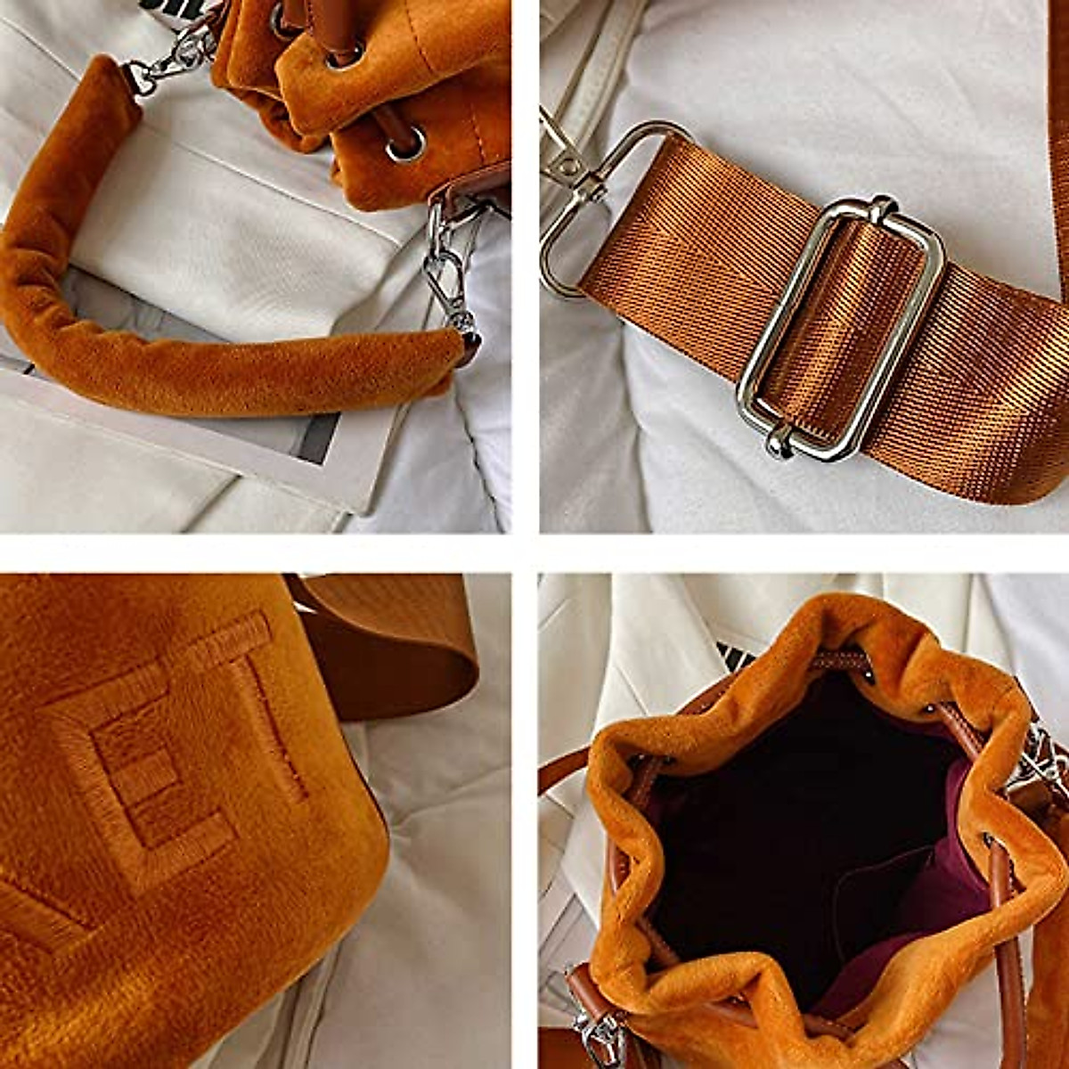 Qiayime Bucket Bag for Women, Mini Shoulder Bag Purses Soft Plush Top-Handle Crossbody Bucket Bag Drawstring Handbag Hobo Bag (Brown)