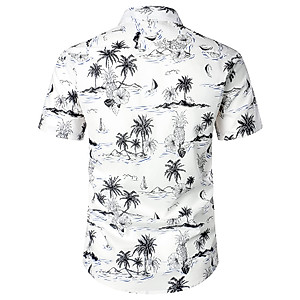 JOGAL Men's Flower Cotton Button Down Short Sleeve Hawaiian Shirt White XX-Large