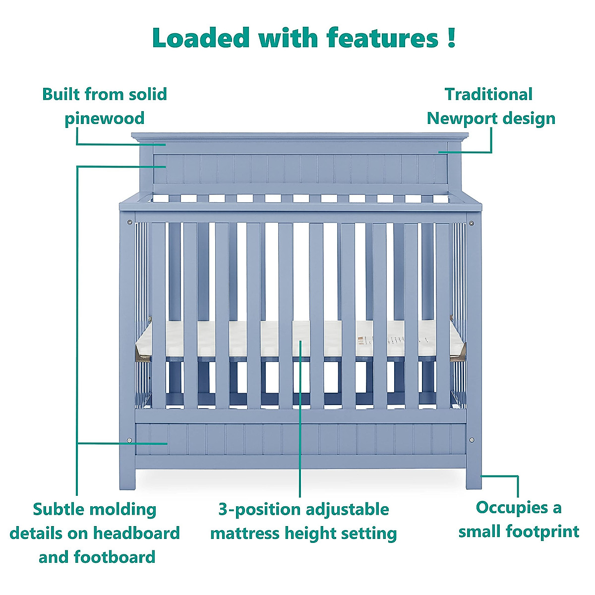 Dream On Me Harbor 4-in-1 Convertible Mini Crib in Dusty Blue, Greenguard Gold Certified