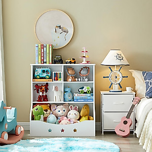 TOYMATE Kids Toy Storage Organizer, Children Multi-Functional Bookcase and Bookshelf, Toddler 5 Cubby Toy Storage Cabinet, Toy Shelf for Playroom, Bedroom, Living Room, Nursery, School (White)