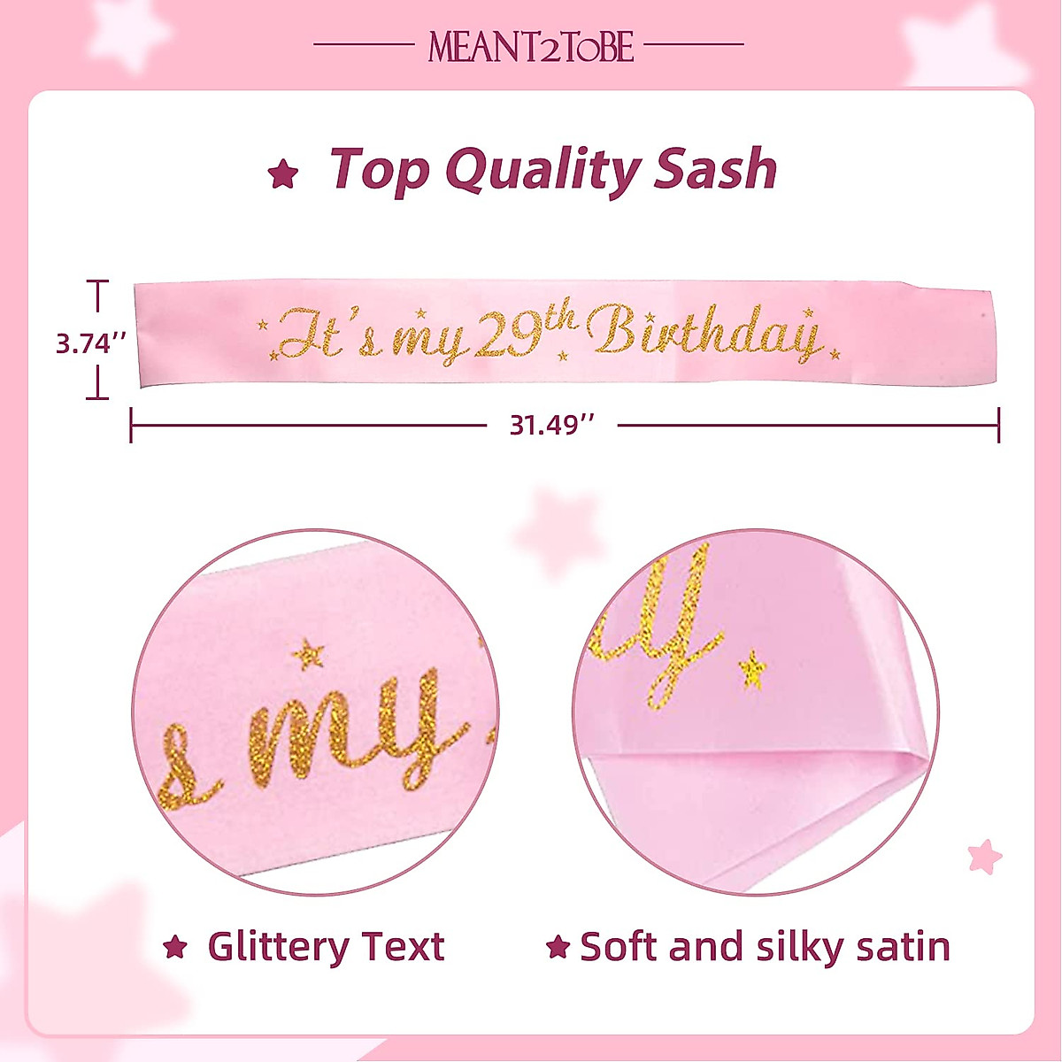 MEANT2TOBE 29th Birthday Sash and Tiara for Women - Fabulous Set: Glitter Sash + Stars Rhinestone Pink Premium Metal Tiara for Women, 29th Birthday Gifts for 29th Birthday Party