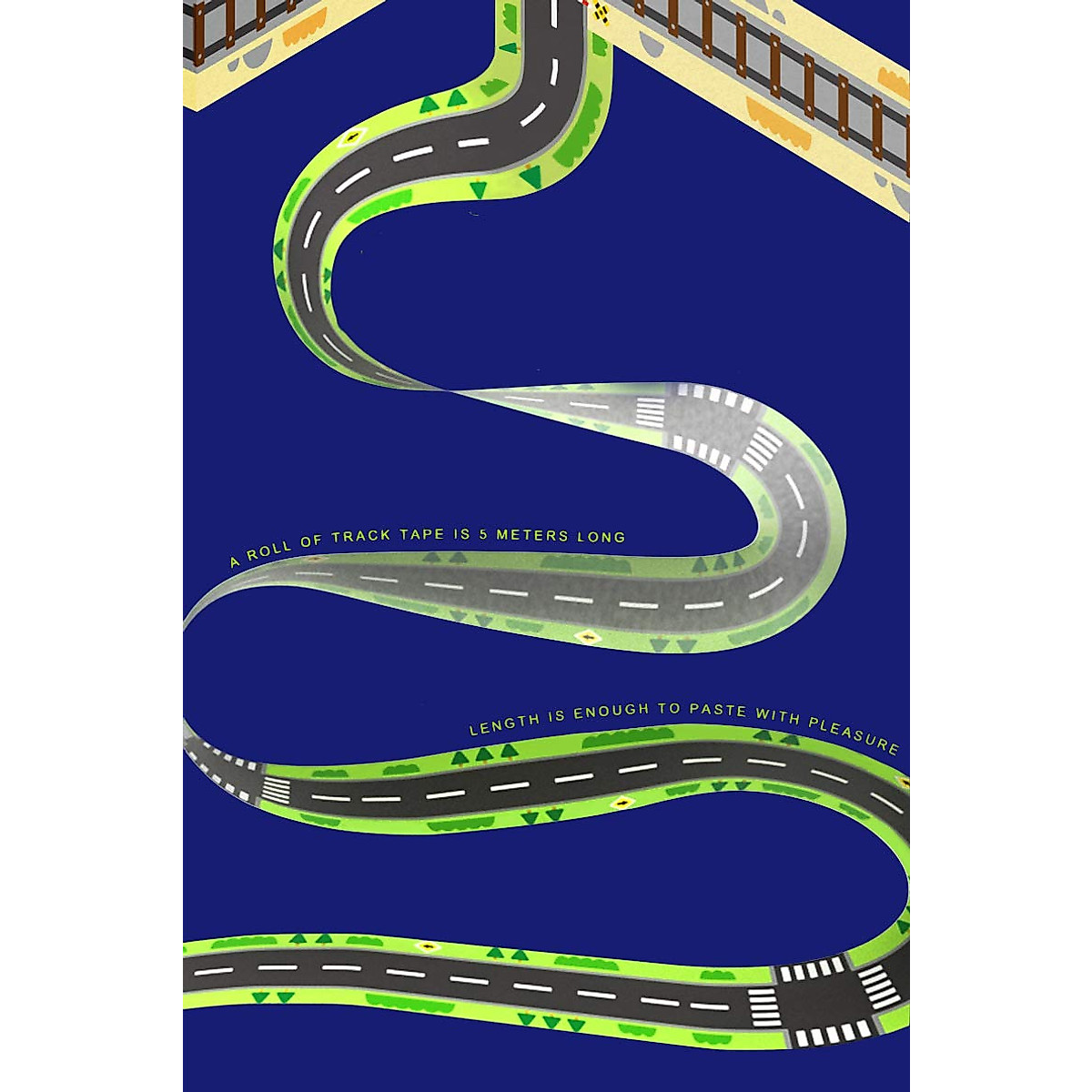 Clorful Imaginative Road Tape for Kids Toy Cars, 2 Rolls of 16.4ft x2.4 inch Adhesive Railway & Highway Tracks with Traffic Signs and Curved Roads.