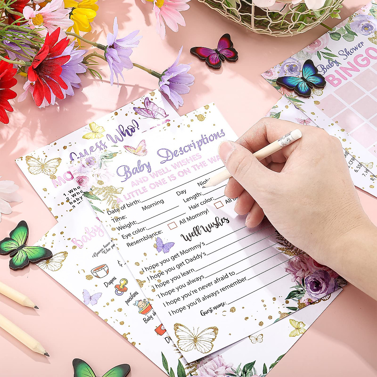 Sinmoe 145 Pieces Baby Shower Games 5 Games Set Baby Shower Games Activities with 20 Pencils Funny Baby Shower Games Include Baby Descriptions and Wishes, Guess Who, Bingo Game(Butterfly)