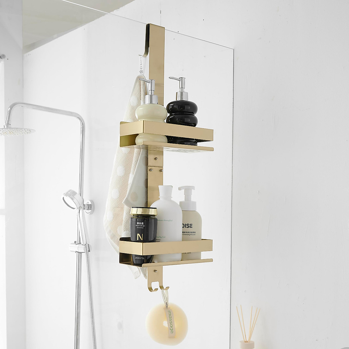 Beelee Over Door Shower Organizer：2 Tier Shower Caddy Hanging Brushed Gold Bathroom Organizer Shelf