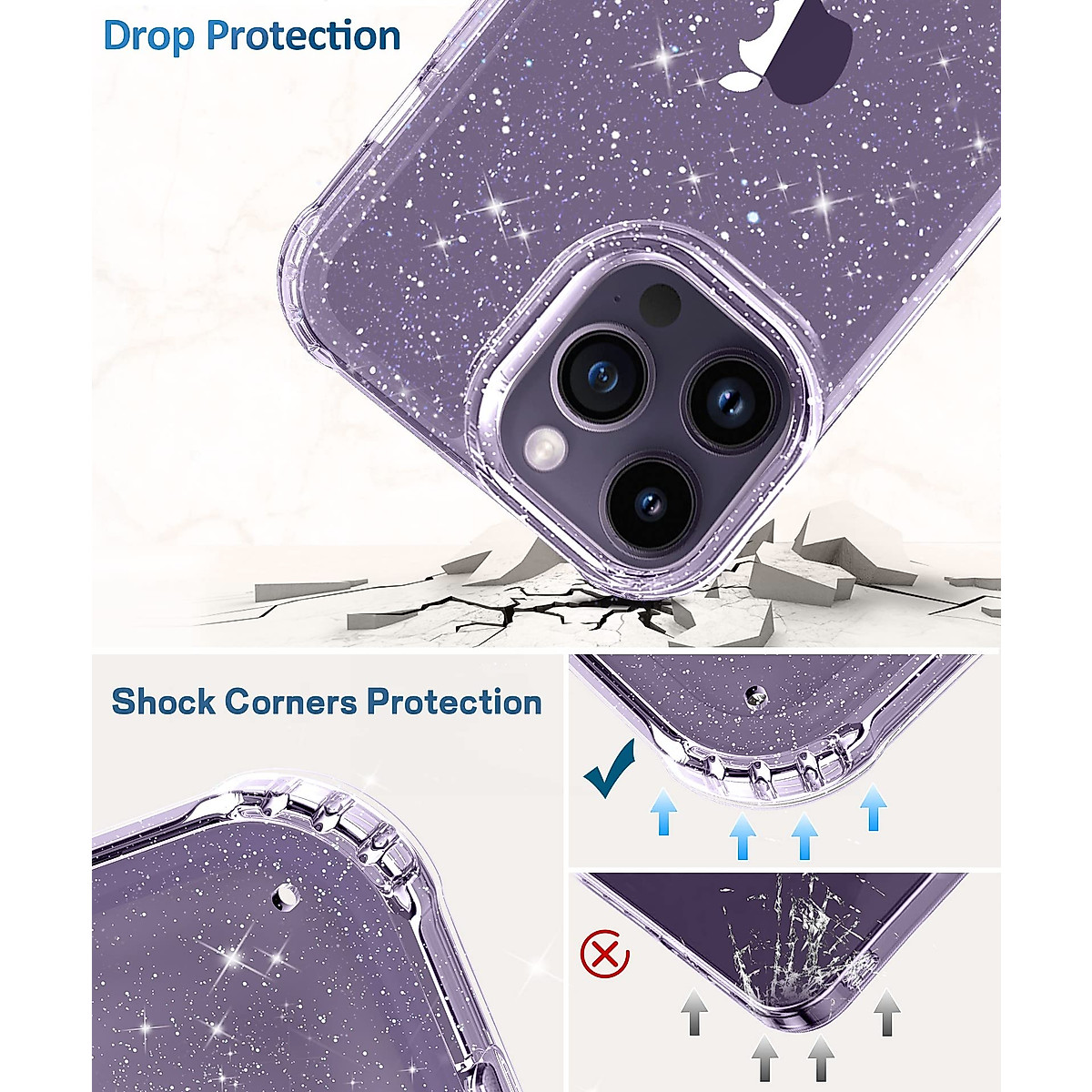 MIODIK for iPhone 14 Pro Case with Screen Protector + Camera Lens Protector, [Non-Yellowing] Clear Glitter Phone Case, Shockproof Protective Women Cute Bumper Cover for 6.1 Inch - Sparkle Clear