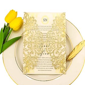 50Sets 5x7 inch 250gsm Light Gold Glitter Wedding Invitations Cards with Envelopes Laser Cut Greeting invites 4 Birthday Bridal Show