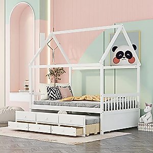YuiHome Full House Bed with Trundle and 3 Storage Drawers, Full Captain's Beds Wooden Storage Daybed Frame for Kids Teens Boys Girls,No Box Spring Needed,White