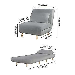 GIA Tri-Fold Convertible Sherpa Sofa Bed Chair with Removable Pillow and Legs, Set of 1, Gray