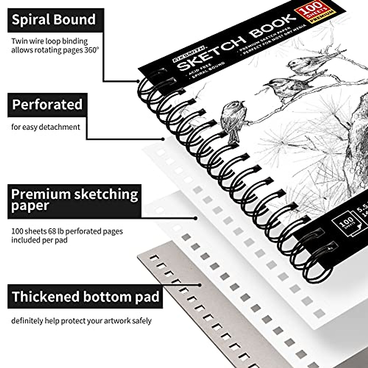 FIXSMITH 5.5"X8.5" Sketch Book | 100 Sheets (68 lb/100gsm) Sketchbook| Durable Acid Free Drawing Paper | Spiral Bound Artist Sketch Pad | for Kids, Beginners, Artists & Professionals | Bright White
