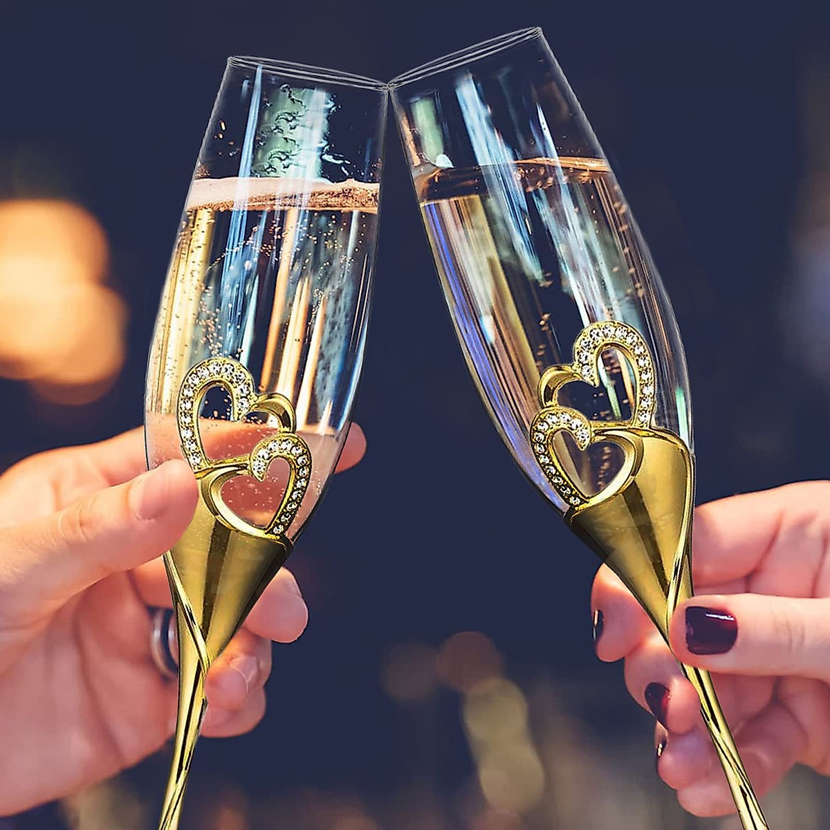 Wedding Champagne Glass Set Gold Toasting Flute Glasses Deluxe Pack of 2 with Rhinestone Rimmed Hearts Decoration for Wedding, Anniversary and Special Occasions