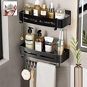 Hojudo Shower Shelf-2 Tier Rustproof Bonded Shower Caddy -Wall-Mounted Shower Holder-8 Hooks,Towel Bars-Shower Accessories Bathroom Organiser-No Drilling Required for Installation