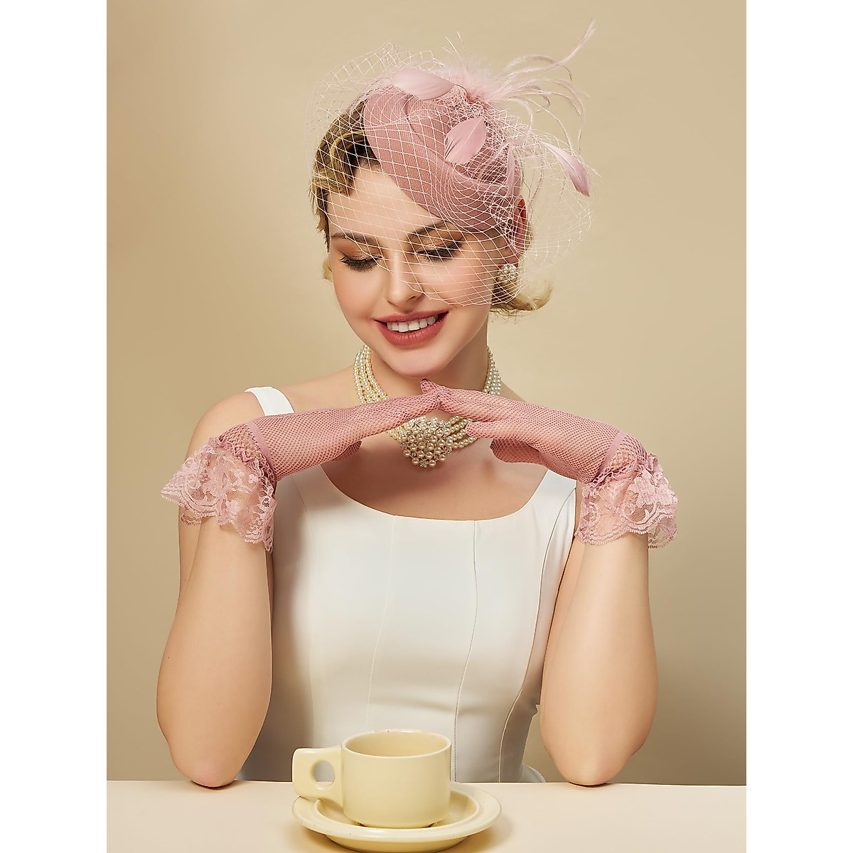 SWEETV Fascinators Pillbox Hats for Women, Tea Party Hat and Short Lace Gloves Set for Kentucky Derby, Cocktail, Wedding, Fancy Dress Party, Dusty Pink