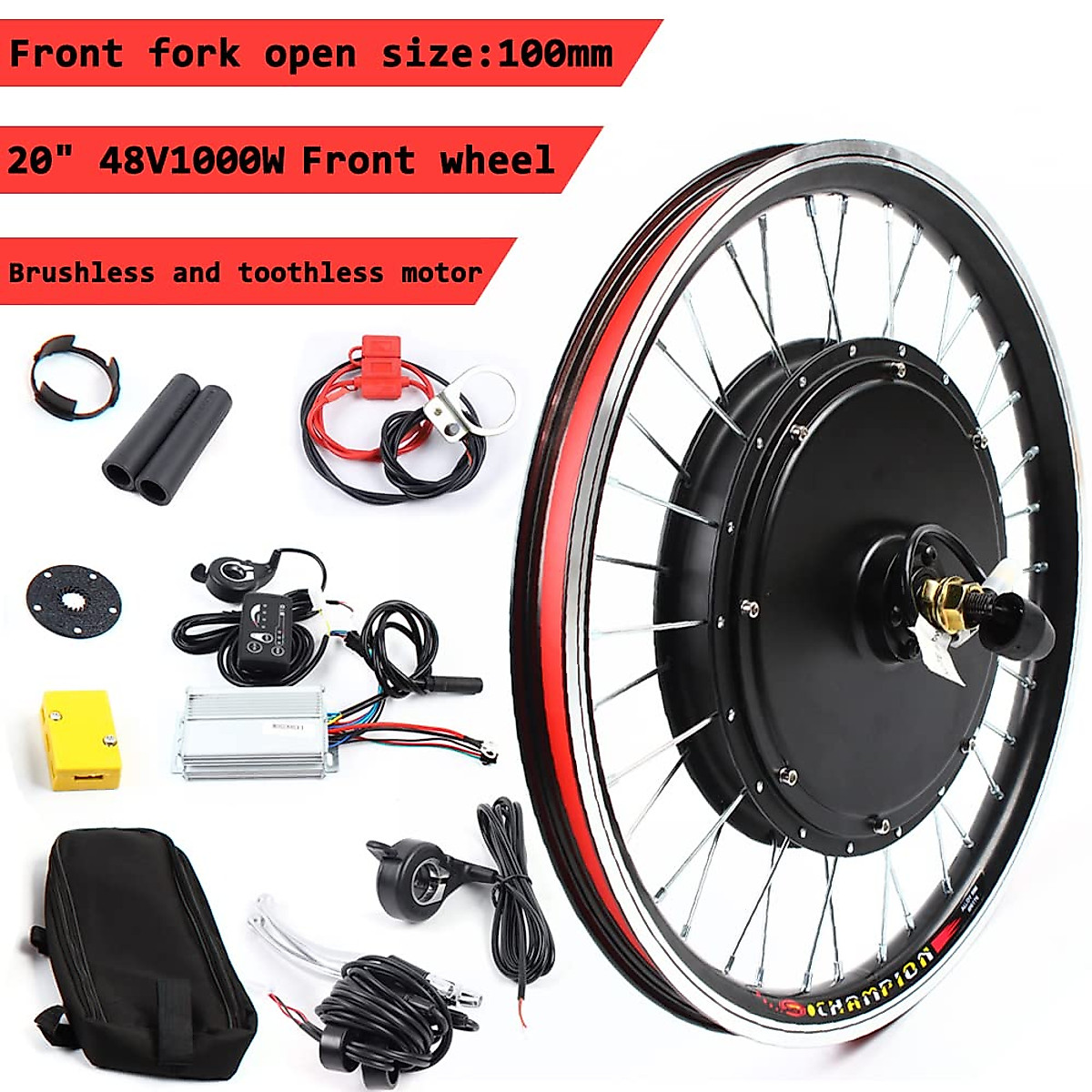 JAYEUW Electric Bike Conversion Kit, Front/Rear Wheel Electric Bicycle Motor Kit, for 20" Bike, w/V Brake+Disc Brake, 36V 250W/48V 1000W Bike Hub Motor,30/50KM/H (48V 1000W Front Wheel)