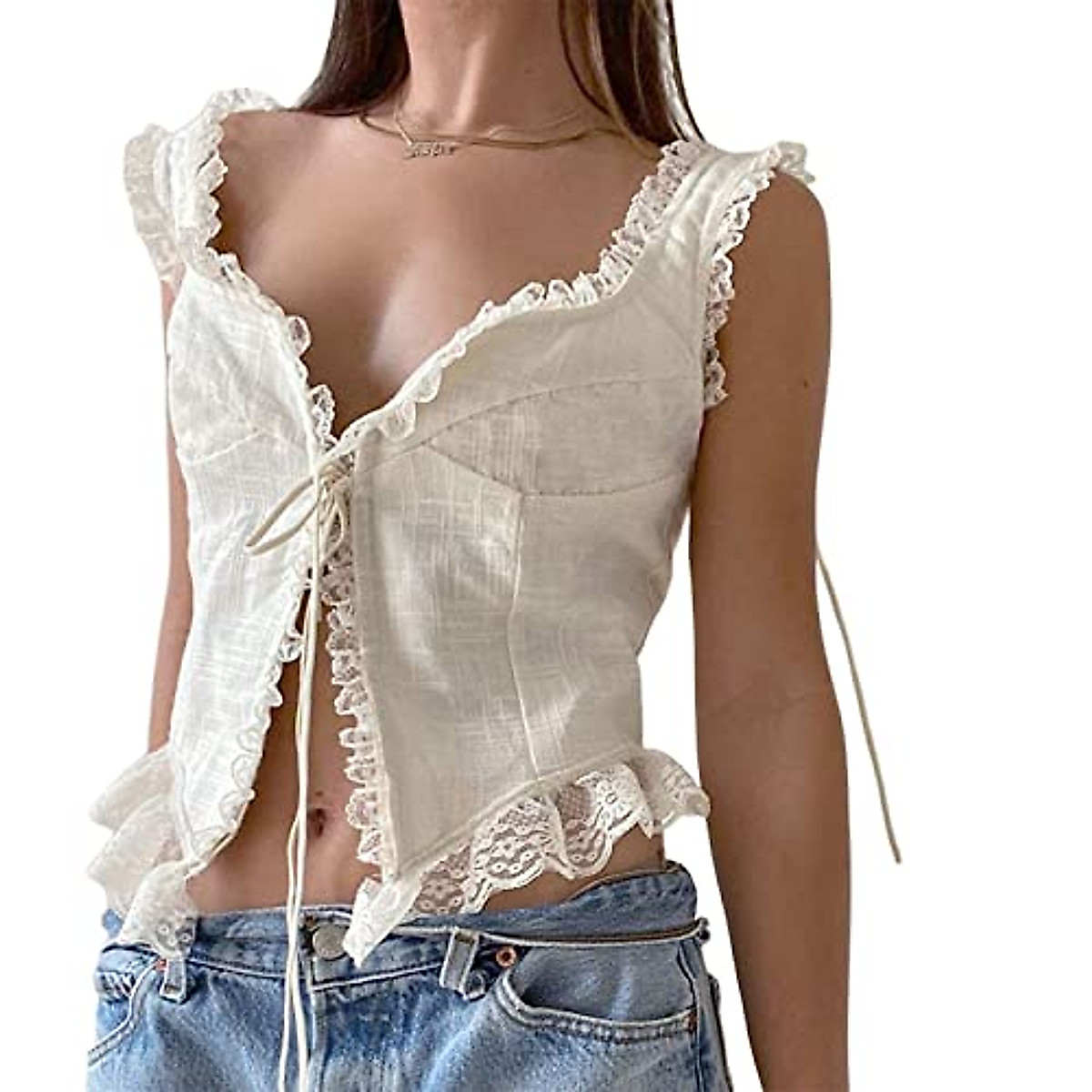 Women Lace Frill Crop Camis Square Neck Sleeveless Tank Tops Aesthetic Kawaii Tanks Vest Sweet Fairy 00S Streetwear