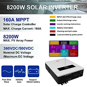 Y&H 8.2KW On/Off Grid Solar Hybrid Inverter Built-in 160A Charge Controller PV Max 500V Input DC48V to AC230V Pure Sine Wave Inverter for Home Energy Storage RV Shed Off-Grid System