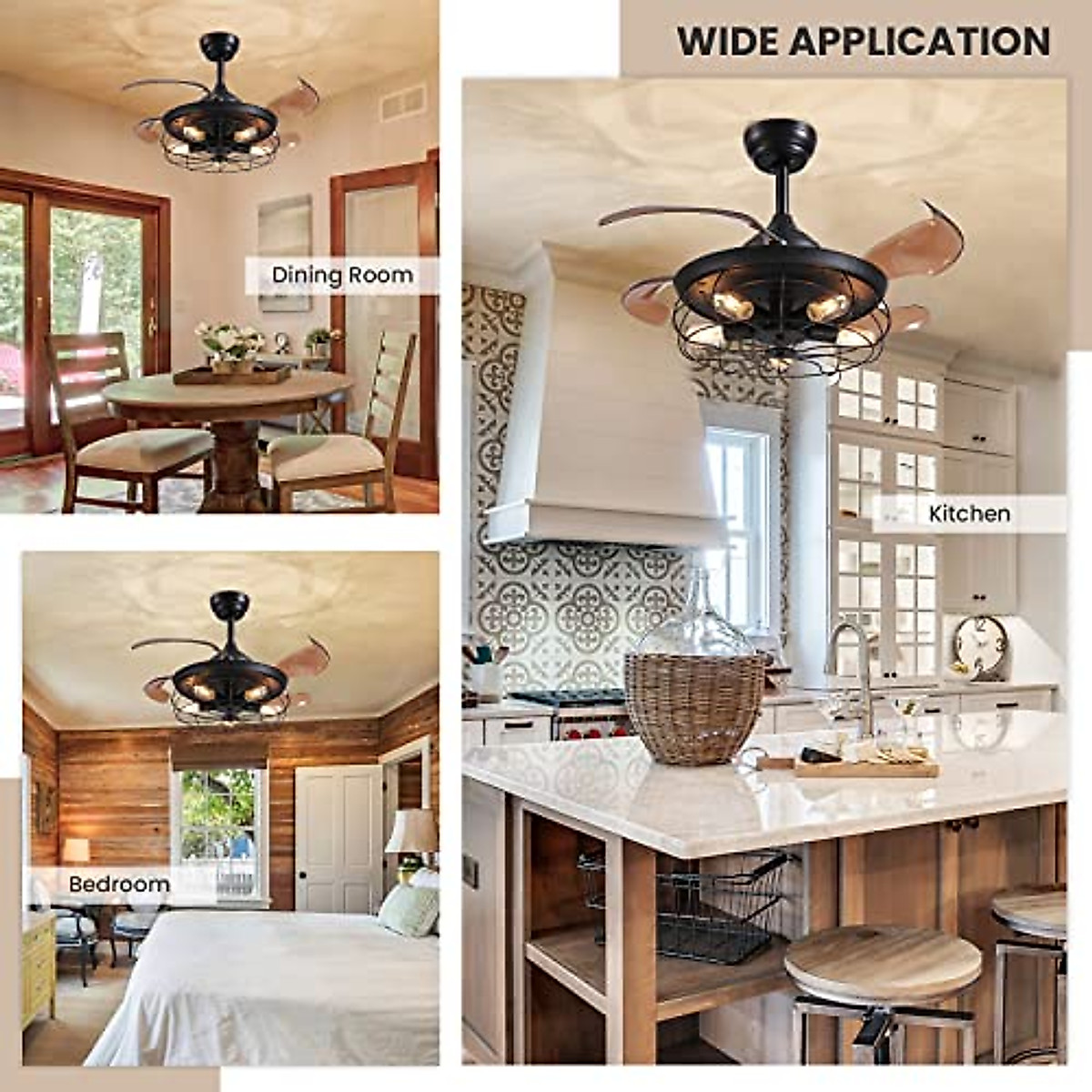 Siljoy 36” Farmhouse Ceiling Fan with Lights and Remote, Industrial Caged Retractable Ceiling Fan, 6 Wind Speeds Rustic Ceiling Fan for Patio Kitchen Bedroom Living Room, Black