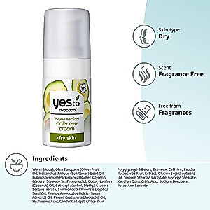 Yes To Avocado Daily Eye Cream, Fragrance-Free, Hydrating & Smoothing, with Hyaluronic Acid & Omega 3, 0.5 Fl Oz