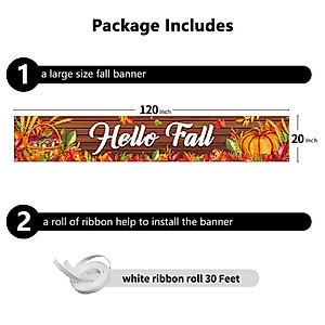 Probsin Happy Fall Banner 120"x 20" Decorations Outdoor Thanksgiving Decor Autumn Party Supplies Wooden Hello Fall Pumpkin Mushroom Harvest Welcome Hanging Backdrop for Garden Fence Yard Lawn Porch