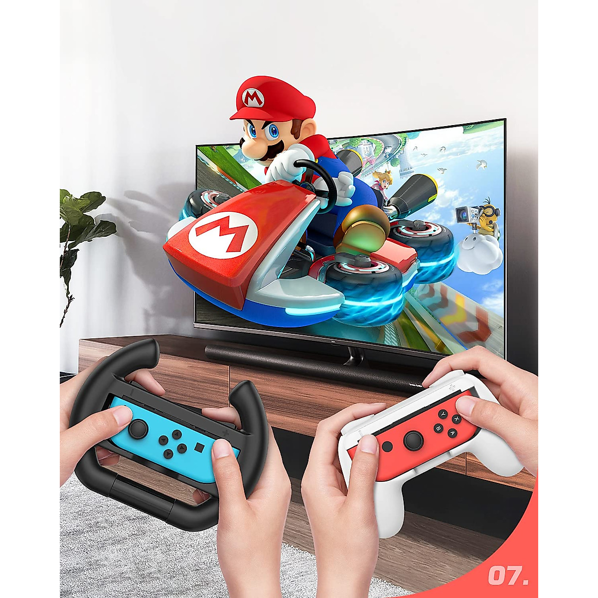 MoKo Steering Wheel & Grips for Nintendo Switch OLED 2021/Switch Joy-Con Controllers, 2 Pack Mariokart Racing Steering Wheel & 2 Pack Comfort Hand Grip Handle Kit for Mario Kart 8 Deluxe, Black&White