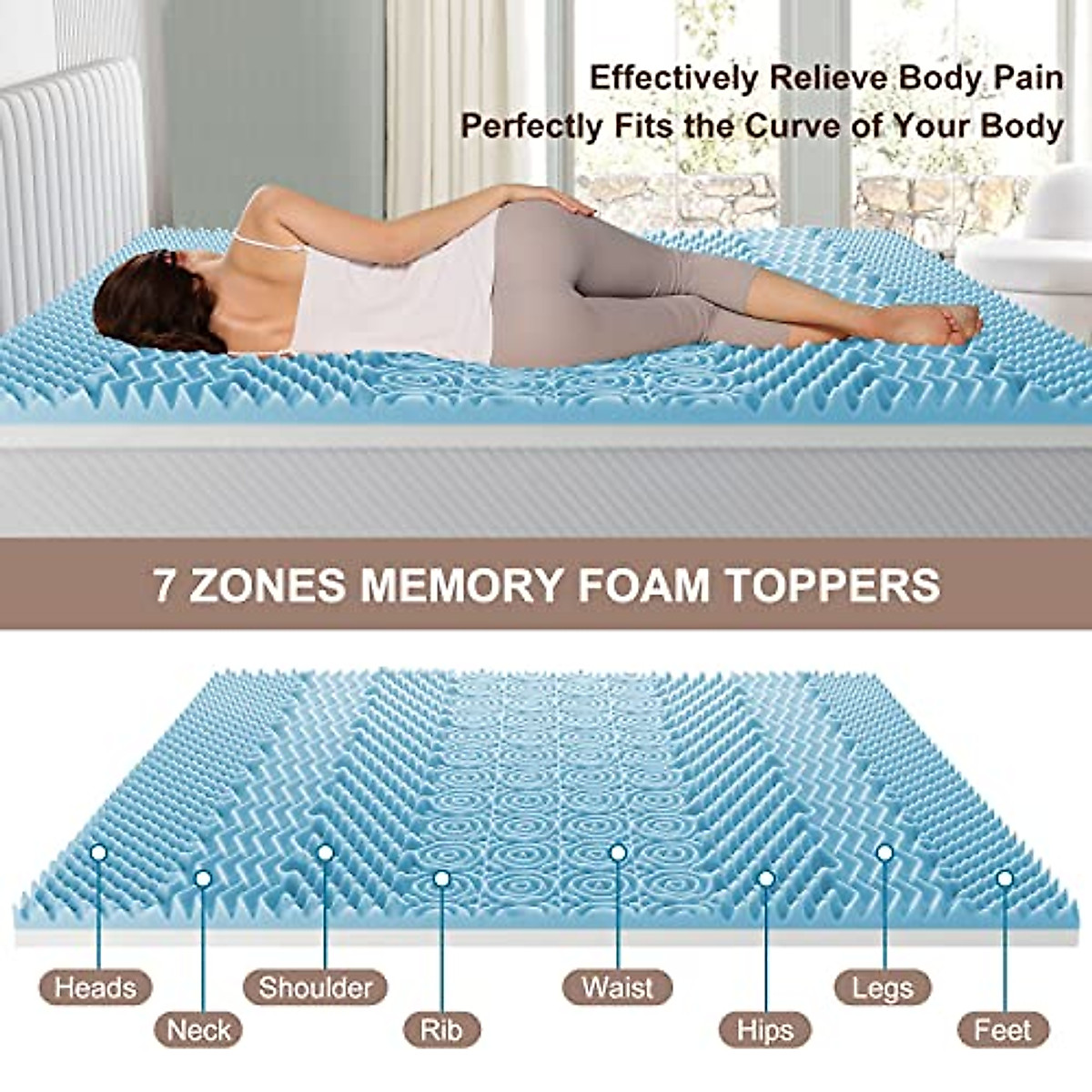 UniPon 4 Inch Mattress Topper Queen, Egg Crate Memory Foam Mattress Topper Queen,7 Zones Gel Infused Bed Topper, CertiPUR-US Certified